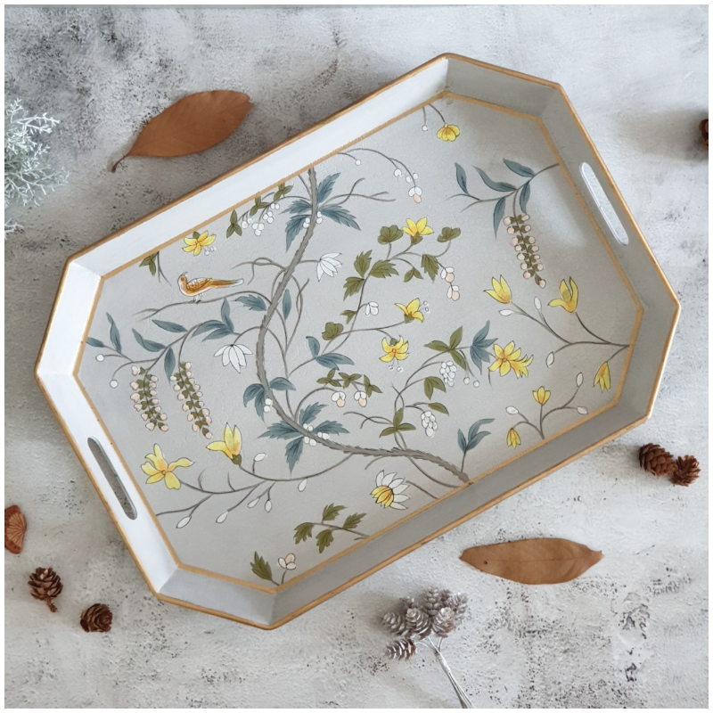 Hand Painted Octangonal Grey Blossom Tray Large - KCC Gallery Store